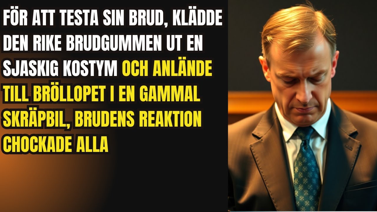 "Rik brudgum anländer i en gammal bil och en sliten kostym på bröllopet ...
