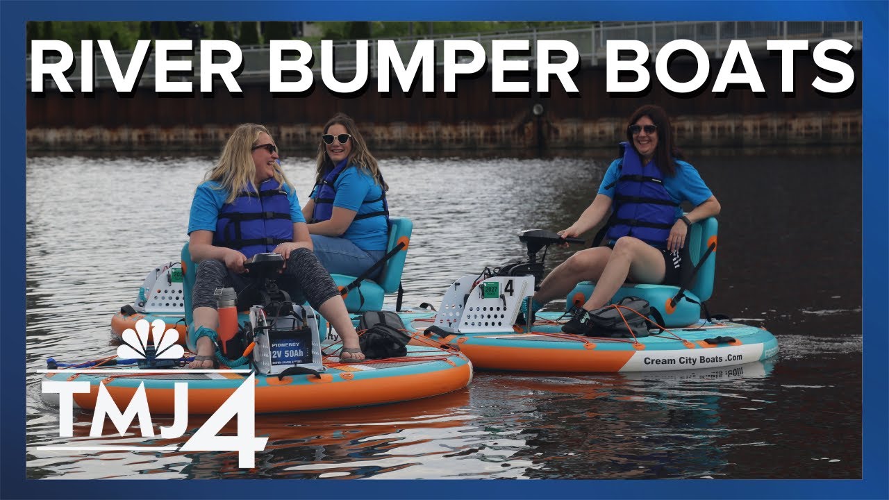 Playing bumper boats on a river - YouTube