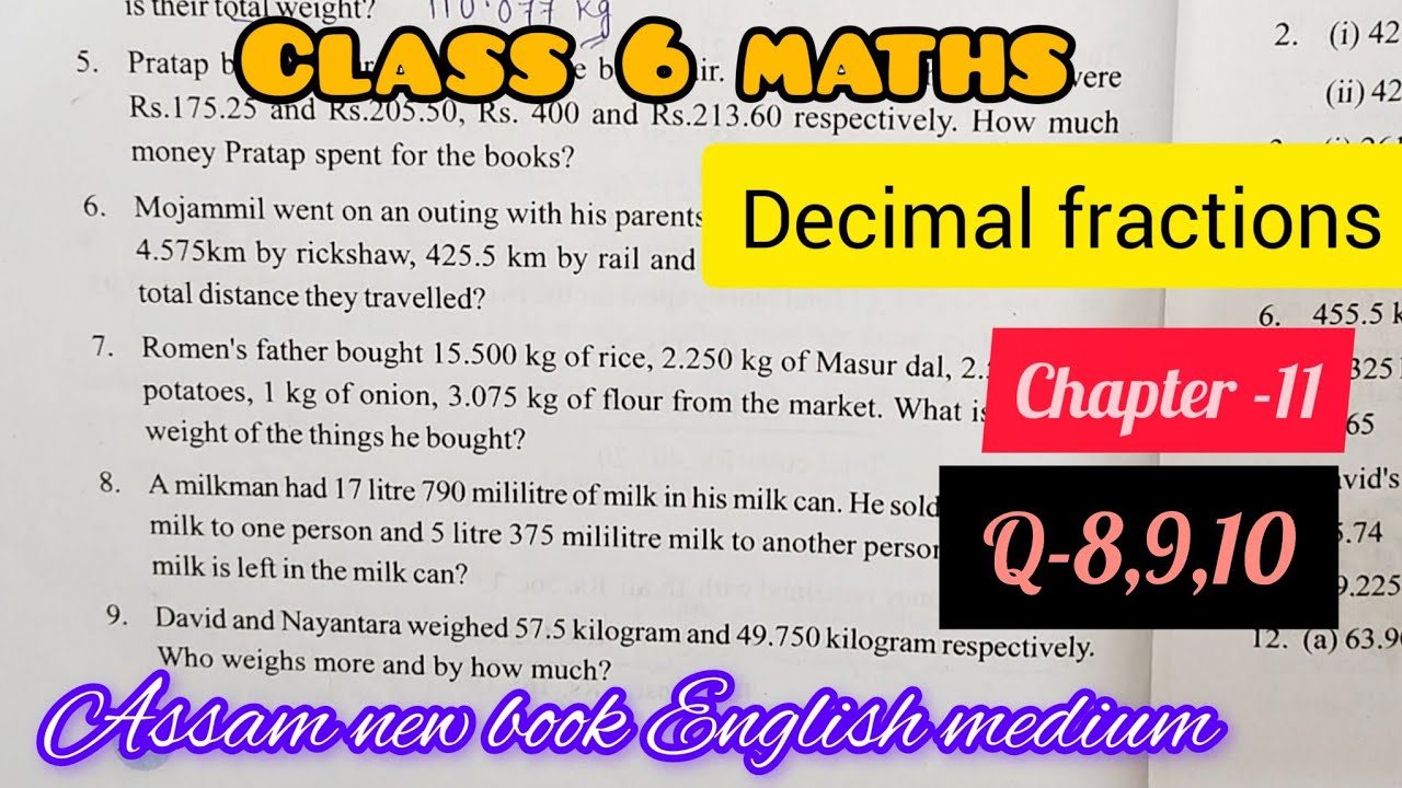 class 6 maths|| chapter -11 || decimal fractions||exercise|| Q8,9,10 ...