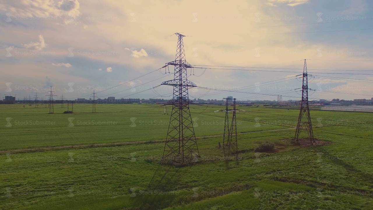 aerial view of high voltage pylons and power lines - YouTube