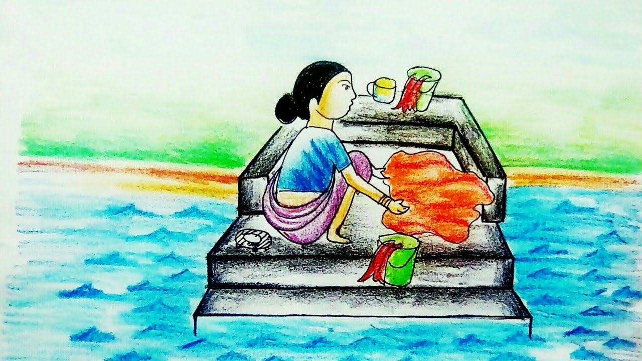 how to draw woman washing cloth - YouTube