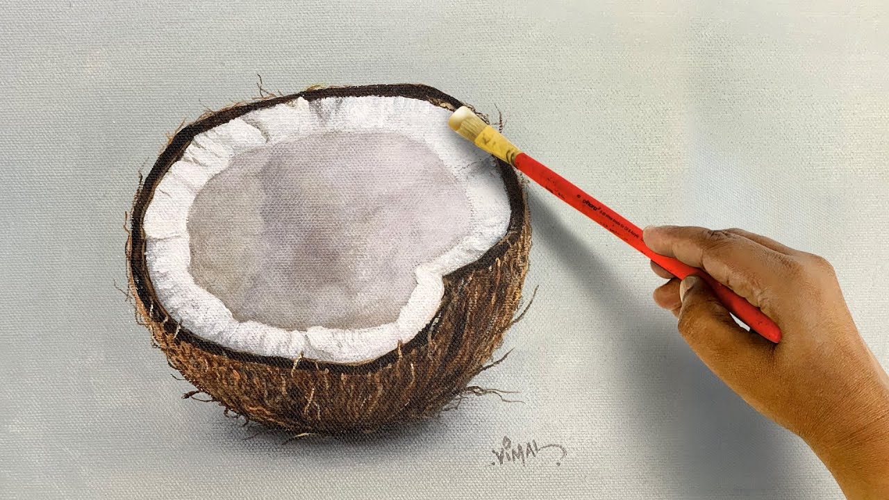 How to draw and paint a broken Coconut I Object study I Acrylic I The Artistry of Realistic ...