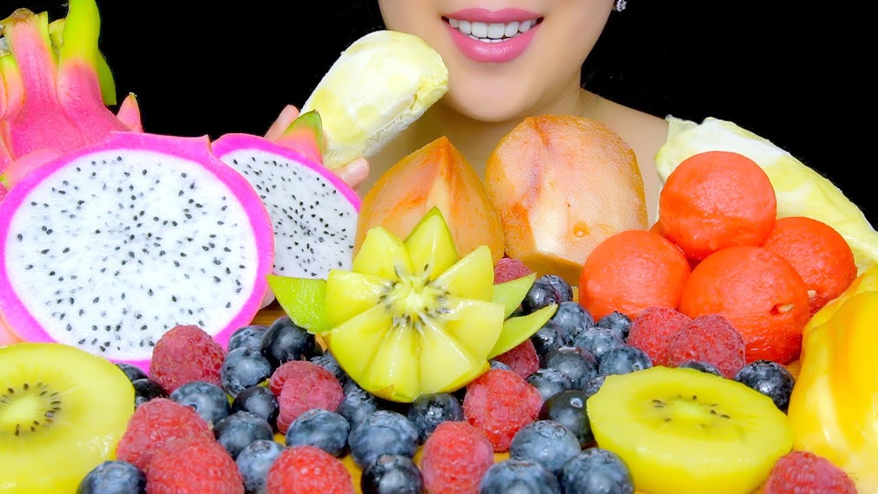 FRUIT ASMR: ASMR FRUIT PLATTER (BERRIES, DRAGON FRUIT, DURIAN, KIWI ...