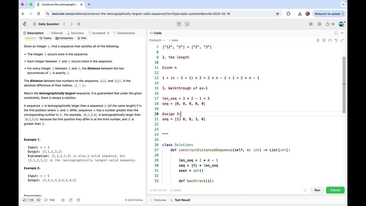 leetcode 1718 Construct the Lexicographically Largest Valid Sequence | backtracking - YouTube