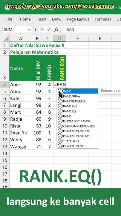 Fungsi/Rumus Dynamic Array RANK.EQ() di Excel | #ExcelTips - YouTube
