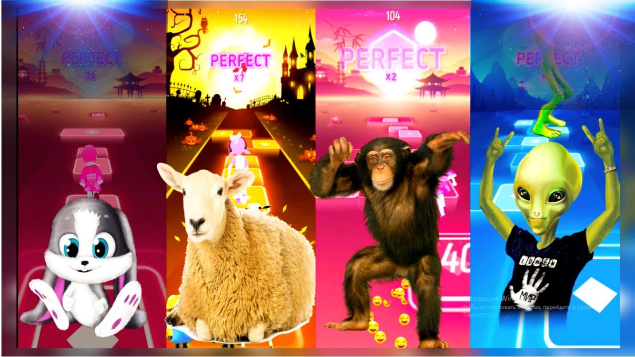 Funny animals in the game Tiles Hop | Bunny VS Sheep Monkey and Alien ...