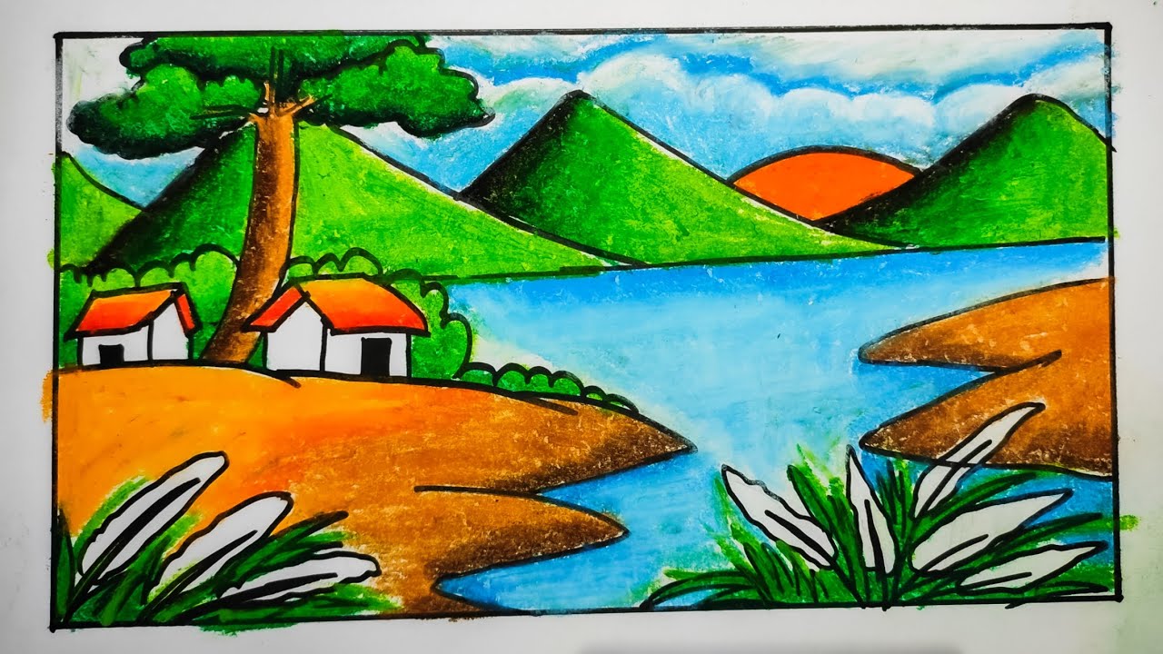 How to Draw Village Scenery Drawing | My Village Drawing | Village ...