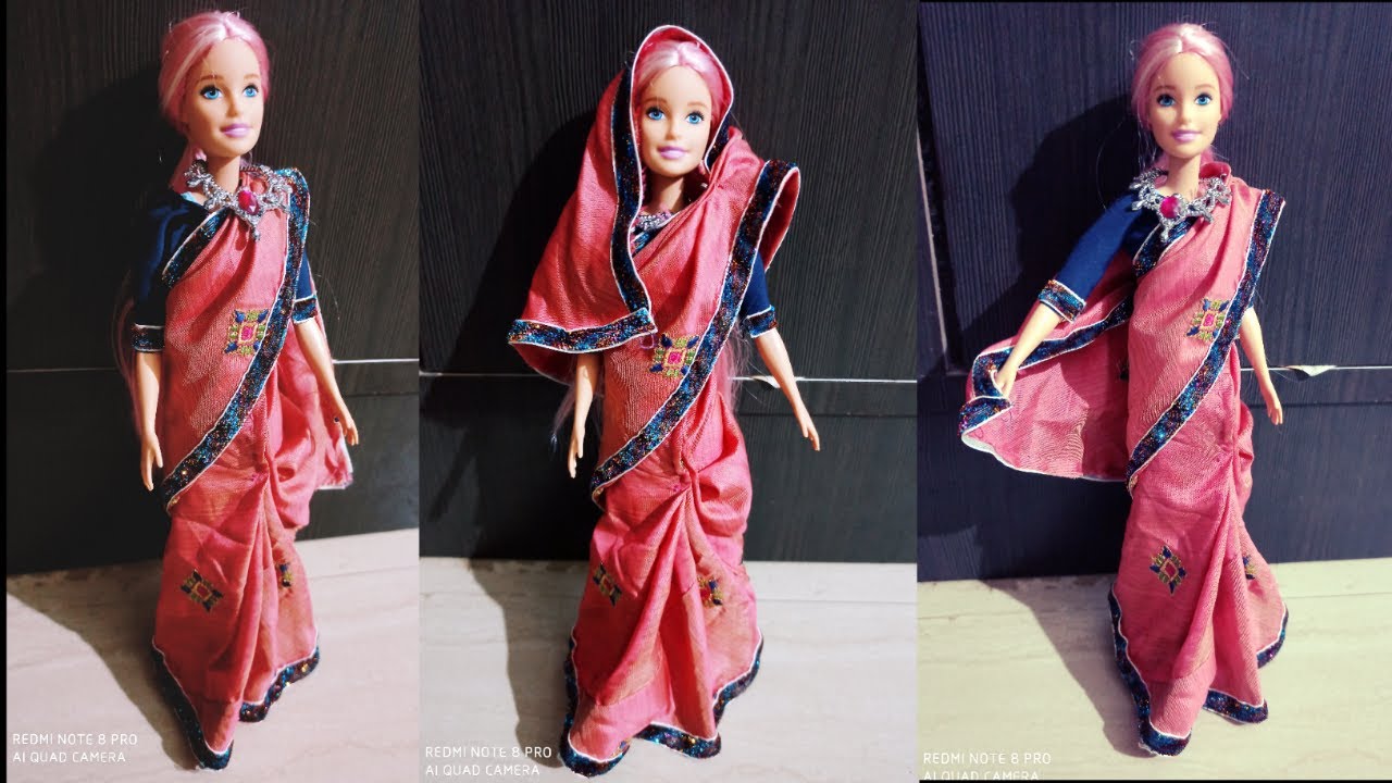 Doll saree wearing without glue | Re wearable saree making for barbie ...