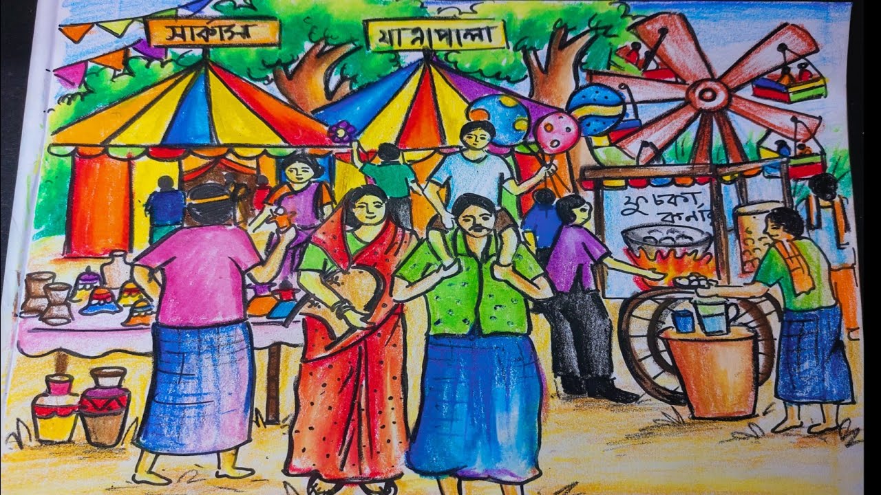 How to draw scenery of Pohela Boishakh | village fair step by step ...