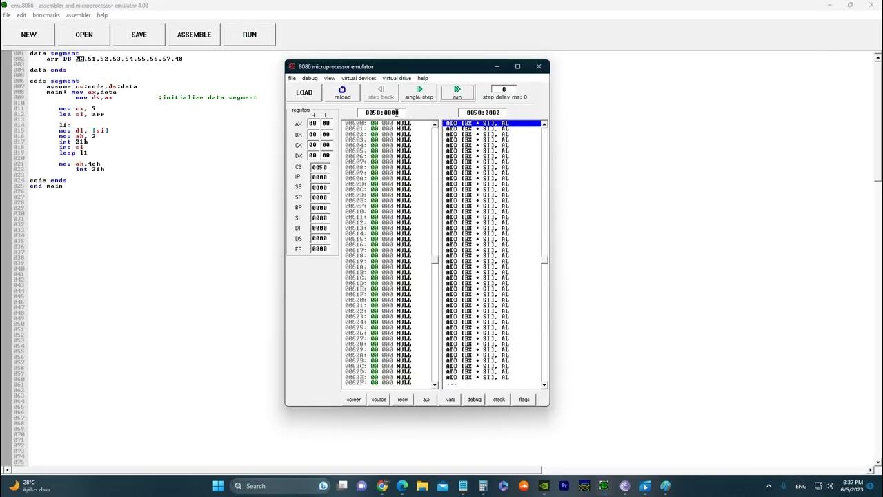 emu8086 microprocessor Lab5 array - YouTube