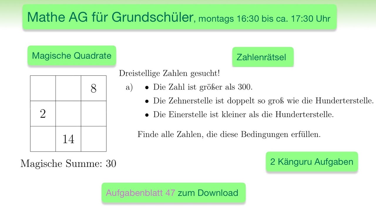 #47 | Mathe AG für Grundschüler | Magische Quadrate | Zahlenrätsel ...