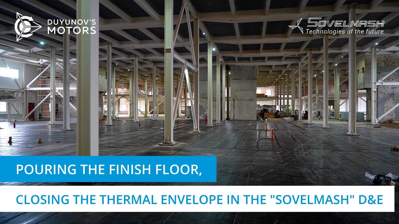 Pouring the finish floor, closing the thermal envelope | "Sovelmash" D&E construction - YouTube