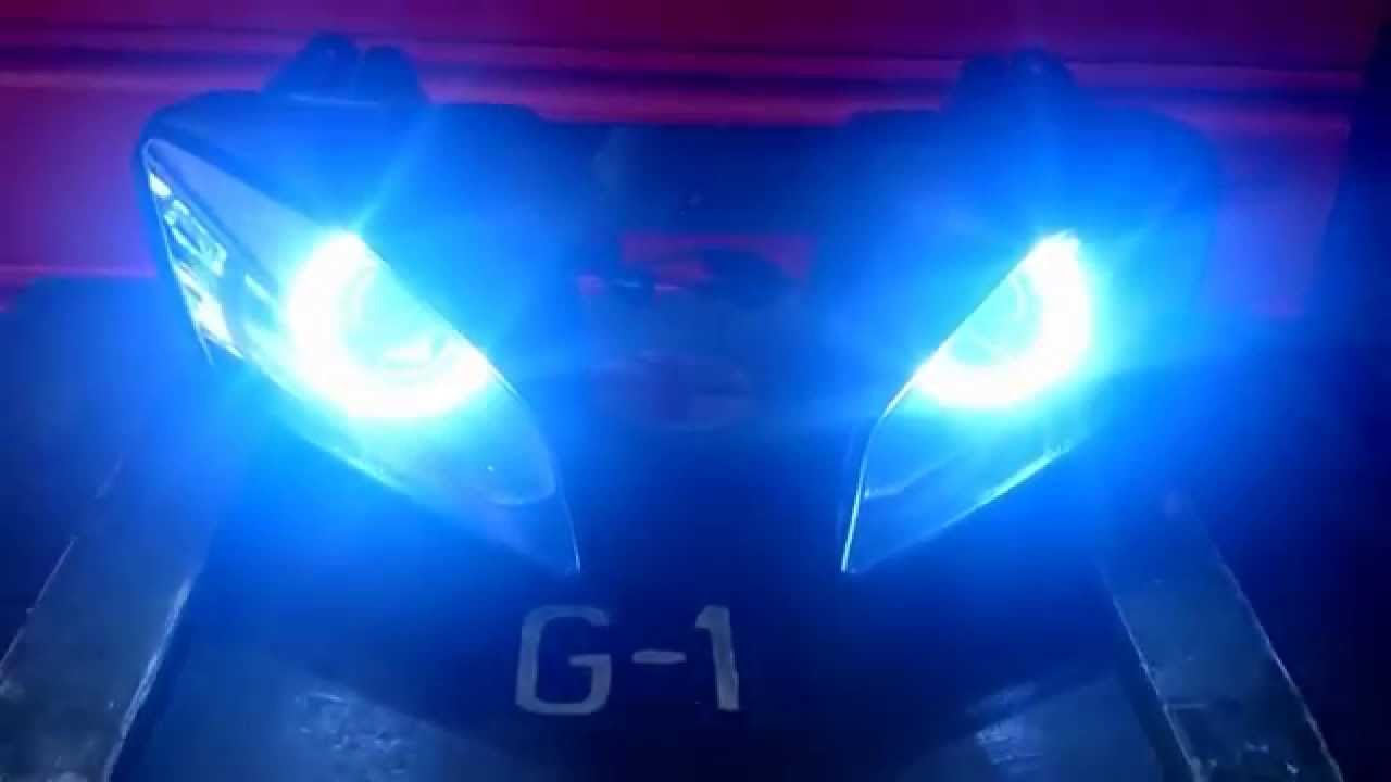Yamaha R6 headlamp retrofit - bixenon + LED angel eyes - YouTube