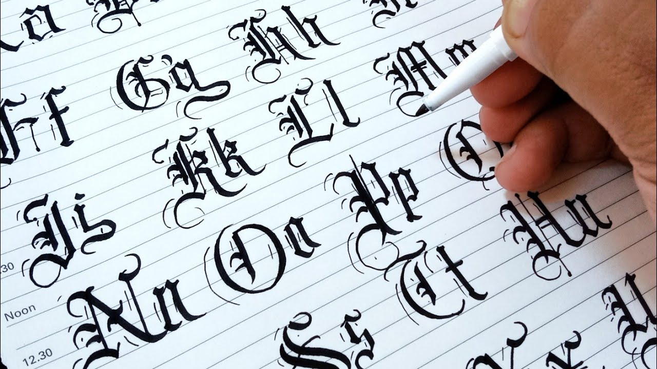 how to write black gothic calligraphy flourish alphabet a to z tutorial ...