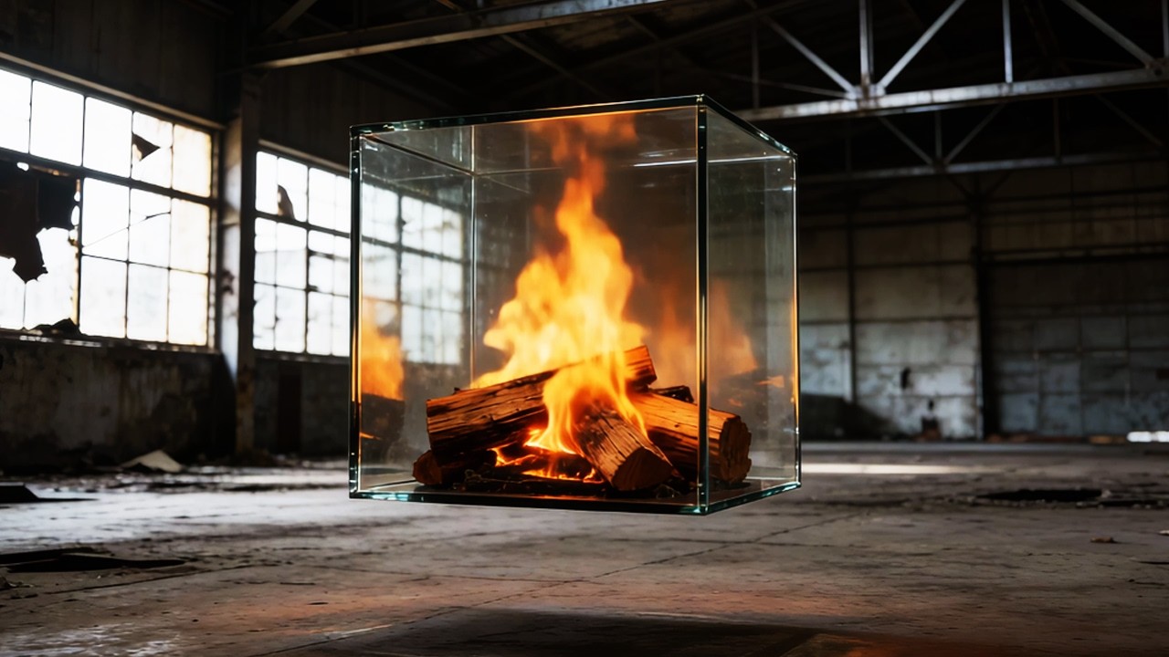 Burning Cube in an Abandoned Hangar | Industrial Fire Ambience (15 ...