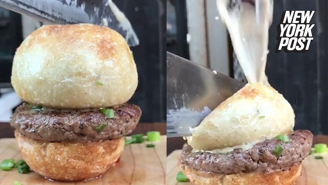 This burger bun is full of hot liquid cheese that will explode when you ...