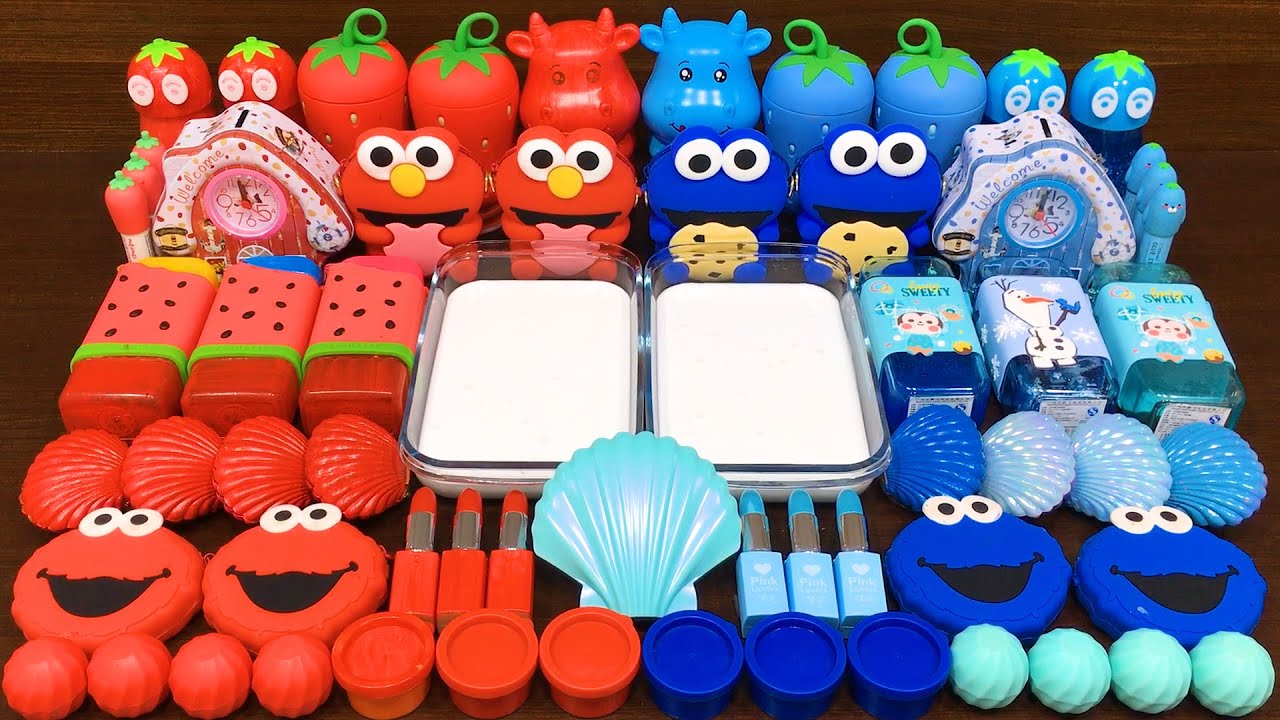 RED vs BLUE! Mixing Random Things into GLOSSY Slime ! Satisfying Slime ...