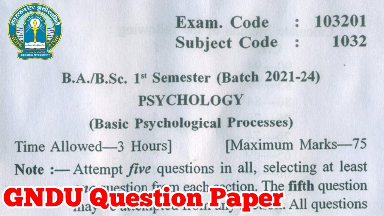 Gndu BA / Bsc 1st Semester Psychology Question Paper || Ba 1st sem ...