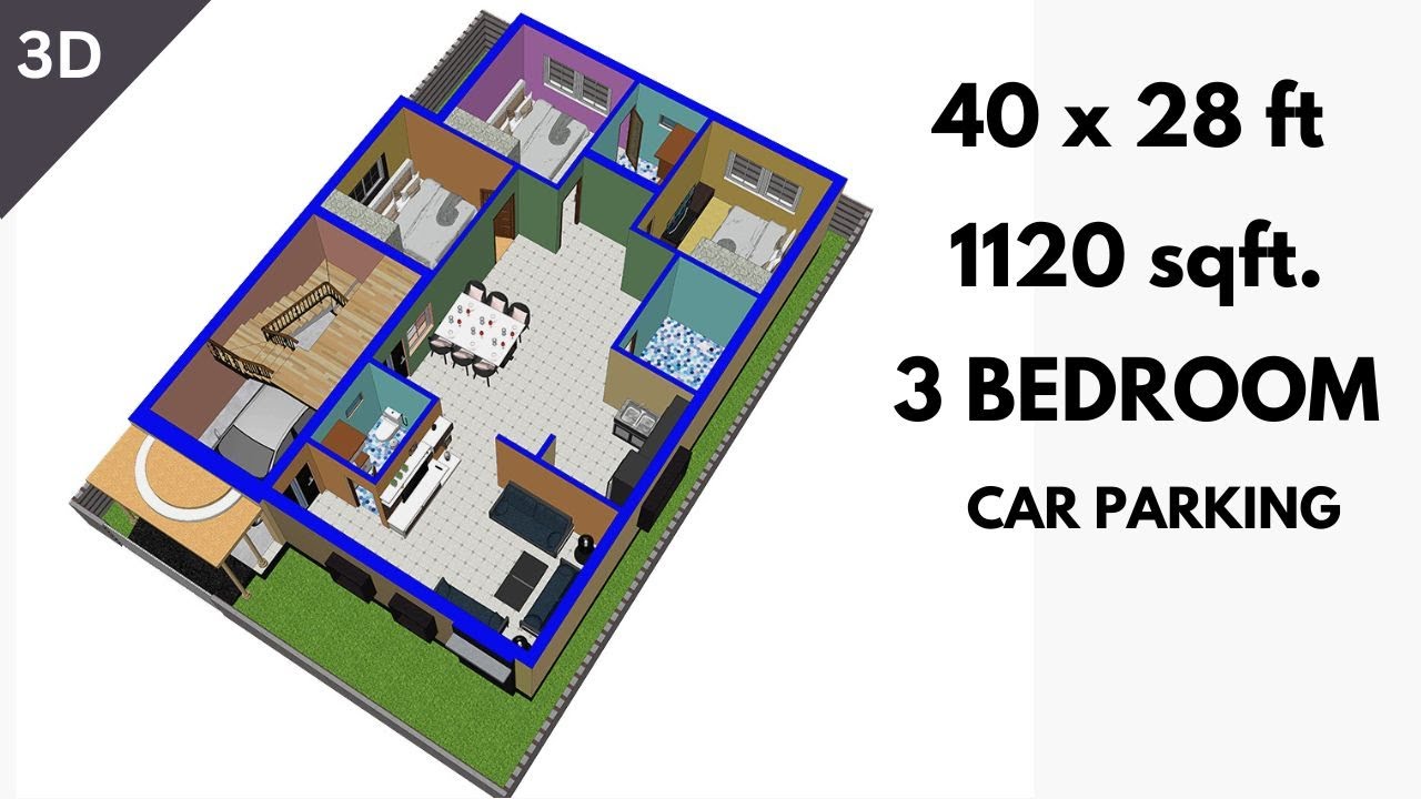 3 Bedroom 1120 Sqft House Plan | 40 x28 3 BHK House Plan - YouTube