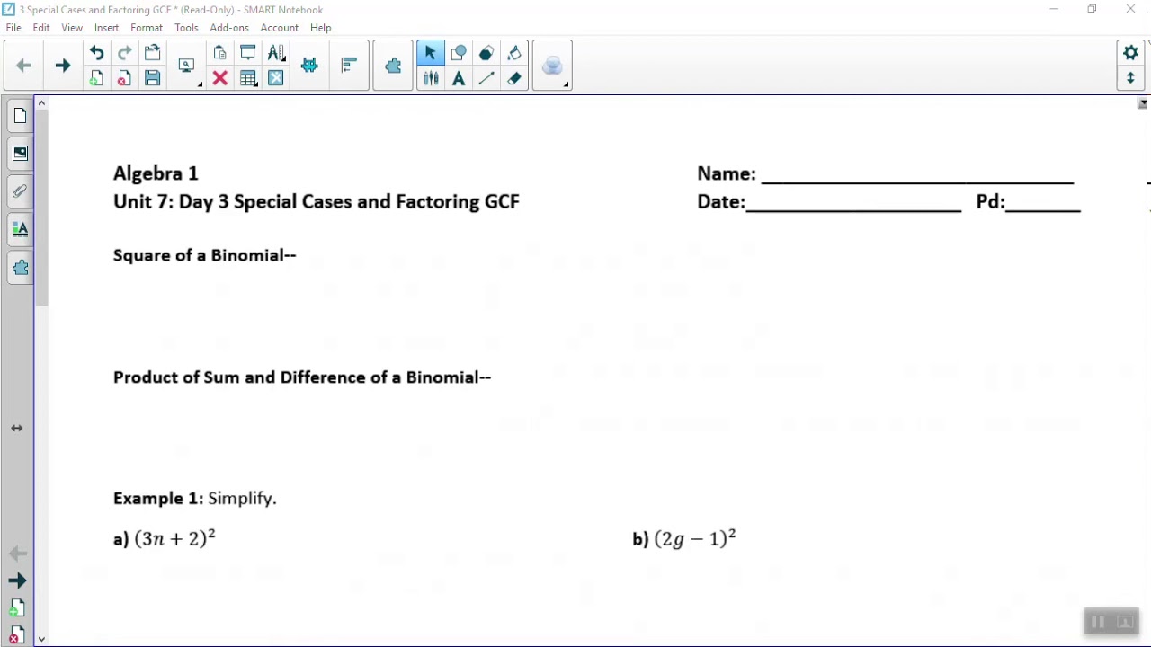 Algebra 1: Unit 7 Day 3 - Special Cases and Factoring GCF - YouTube