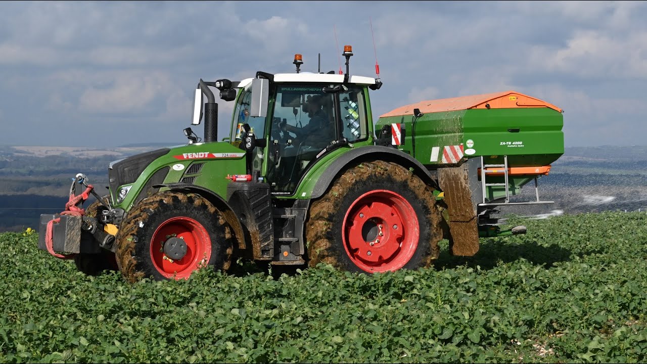 Fertiliser Spreading with Fendt 724 & Amazone on OSR - YouTube