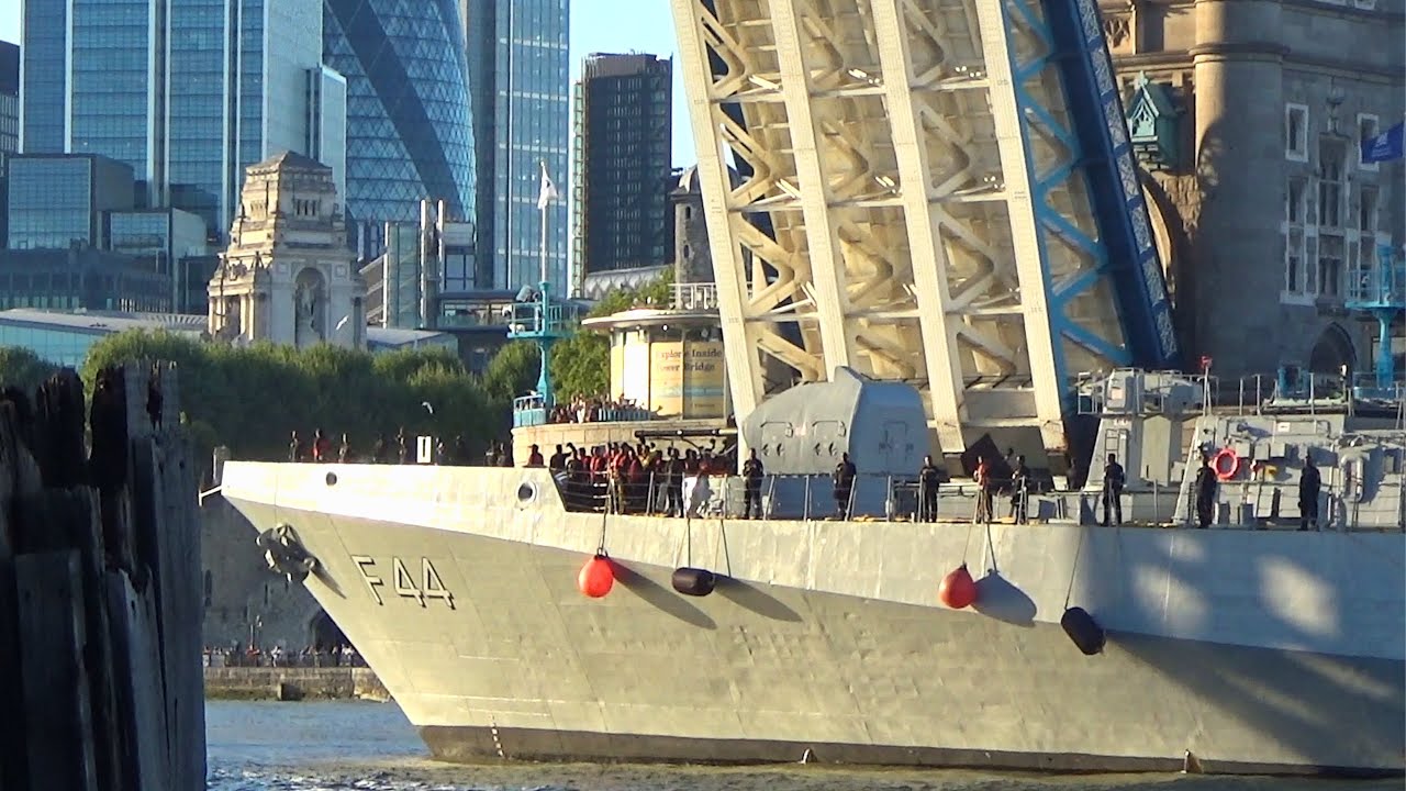 Indian Naval Ship TABAR sails under TOWER BRIDGE - YouTube