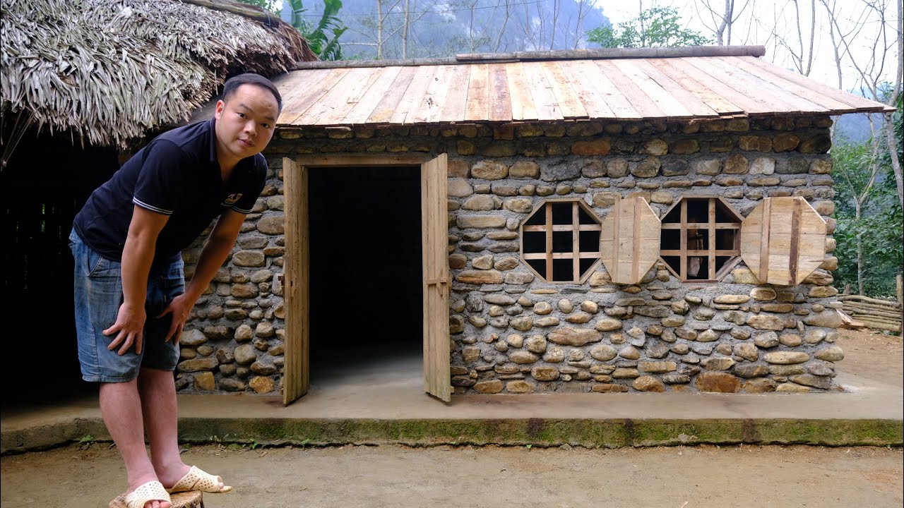 FULL VIDEO; Build stone fireplace, stone bed - amazing stone house ...