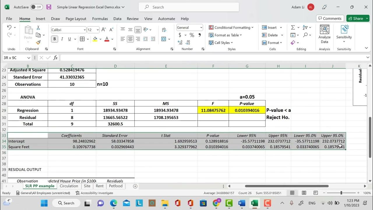 Simple Linear Regression Part 2 (Excel Demo) - YouTube
