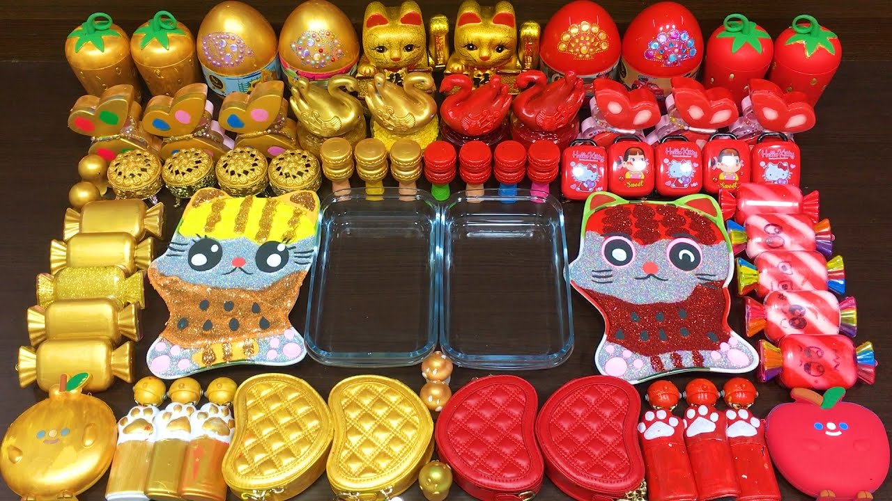 GOLD vs RED ! Mixing Random into CLEAR Slime ! Satisfying Slime Video ...