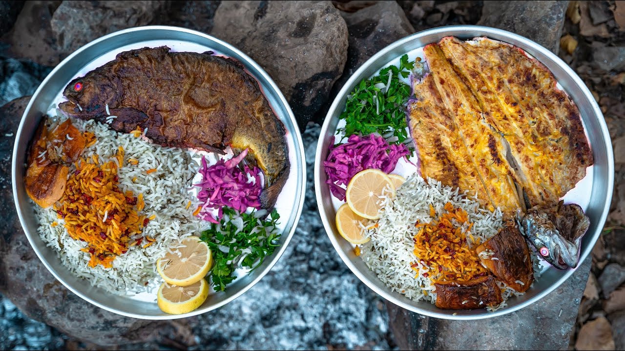Cooking recipes of stuffed fish pilaf and grilled fish in nature - YouTube