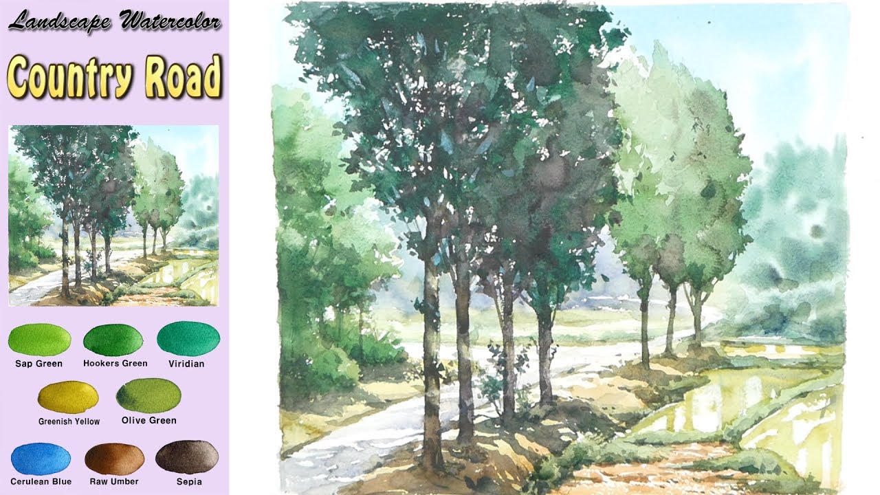 Basic Landscape Watercolor - Summer : Country Road (Fabriano rough, wet ...