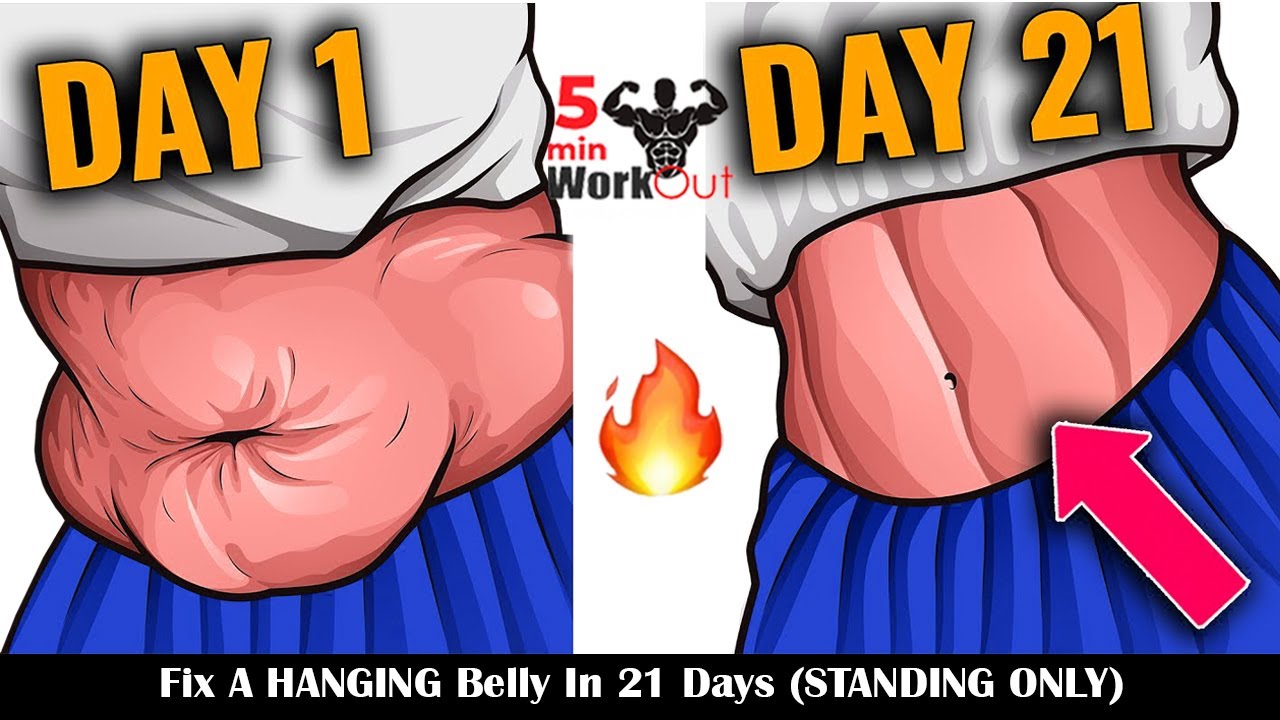 Fix A HANGING Belly In 21 Days (STANDING ONLY) By 5 Min Workout - YouTube