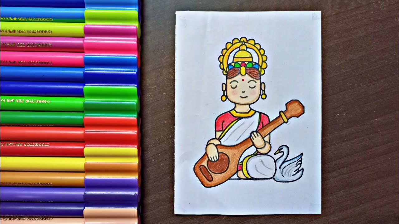 How To Draw Saraswati Maa Drawing ★ Step By Step ★ Easy Drawing 🎨 - YouTube