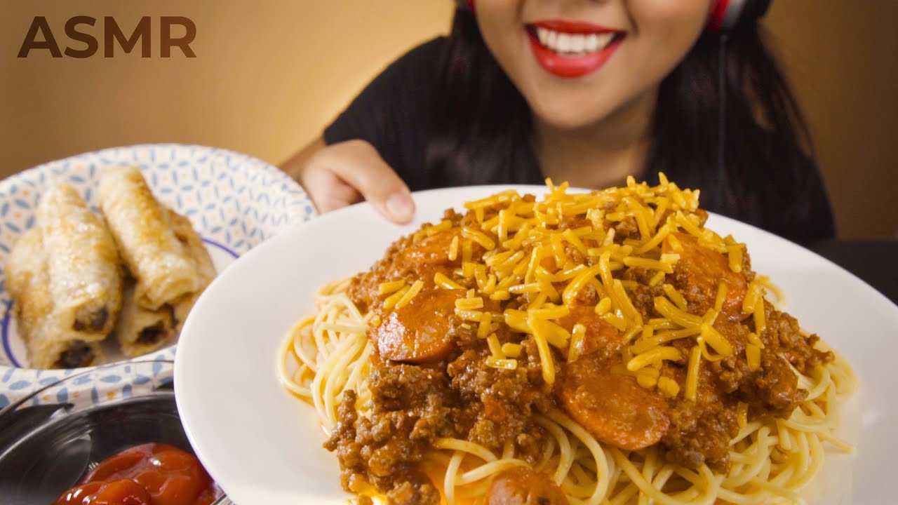 ASMR EATING FILIPINO SPAGHETTI + LUMPIA SHANGHAI | EGG ROLL (No Talking ...