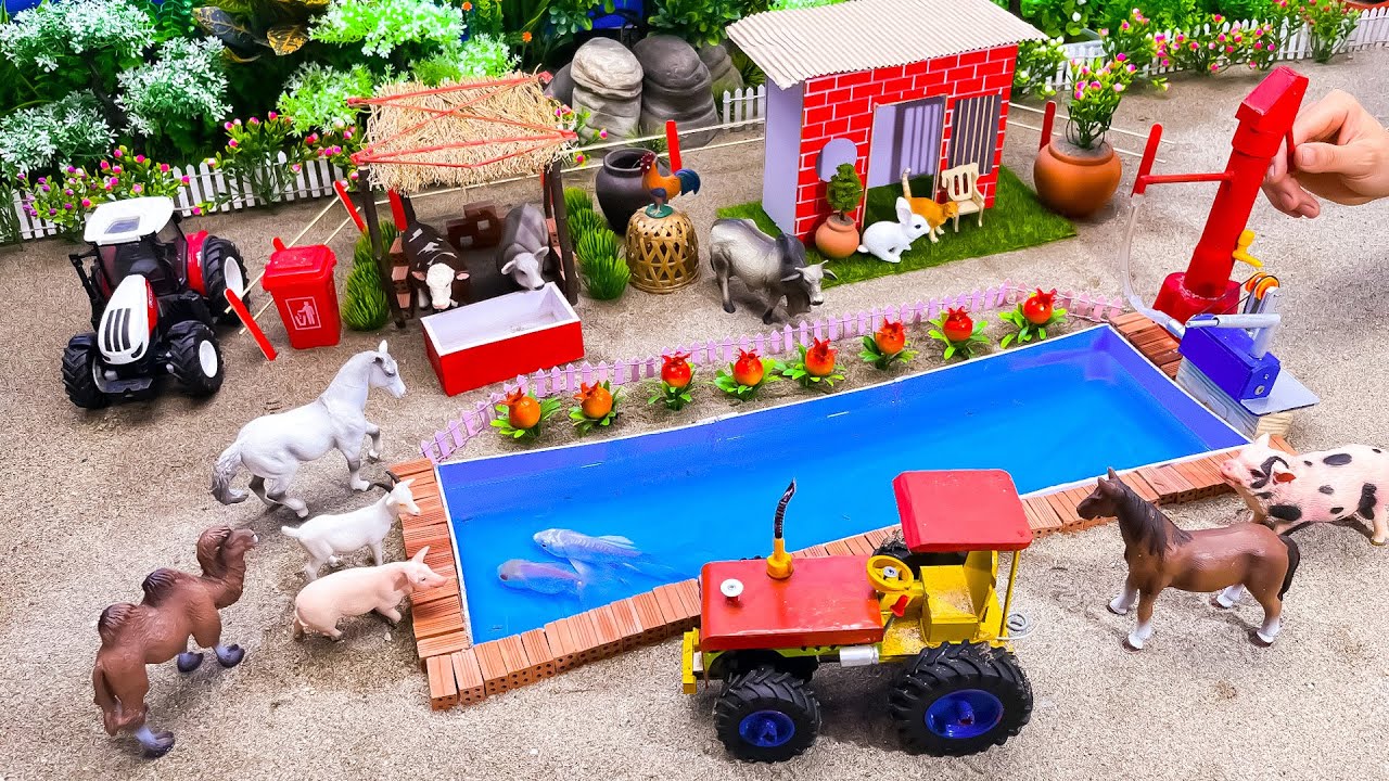 DIY tractor Farm Diorama with house cow, pig | water pump - fish pond ...