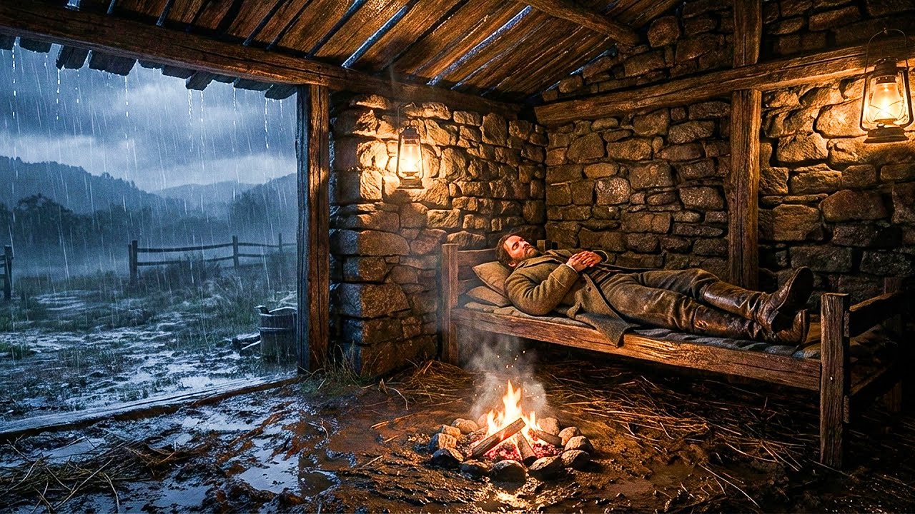 Arthur Sleeping Peacefully Alone in a Campfire Shelter During Heavy ...