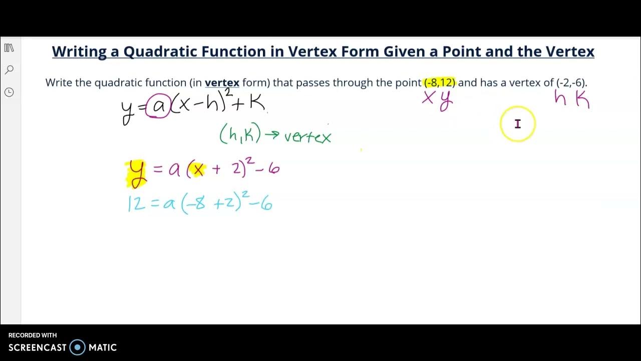 Writing a Quadratic Function in Vertex Form Given a Point and the ...