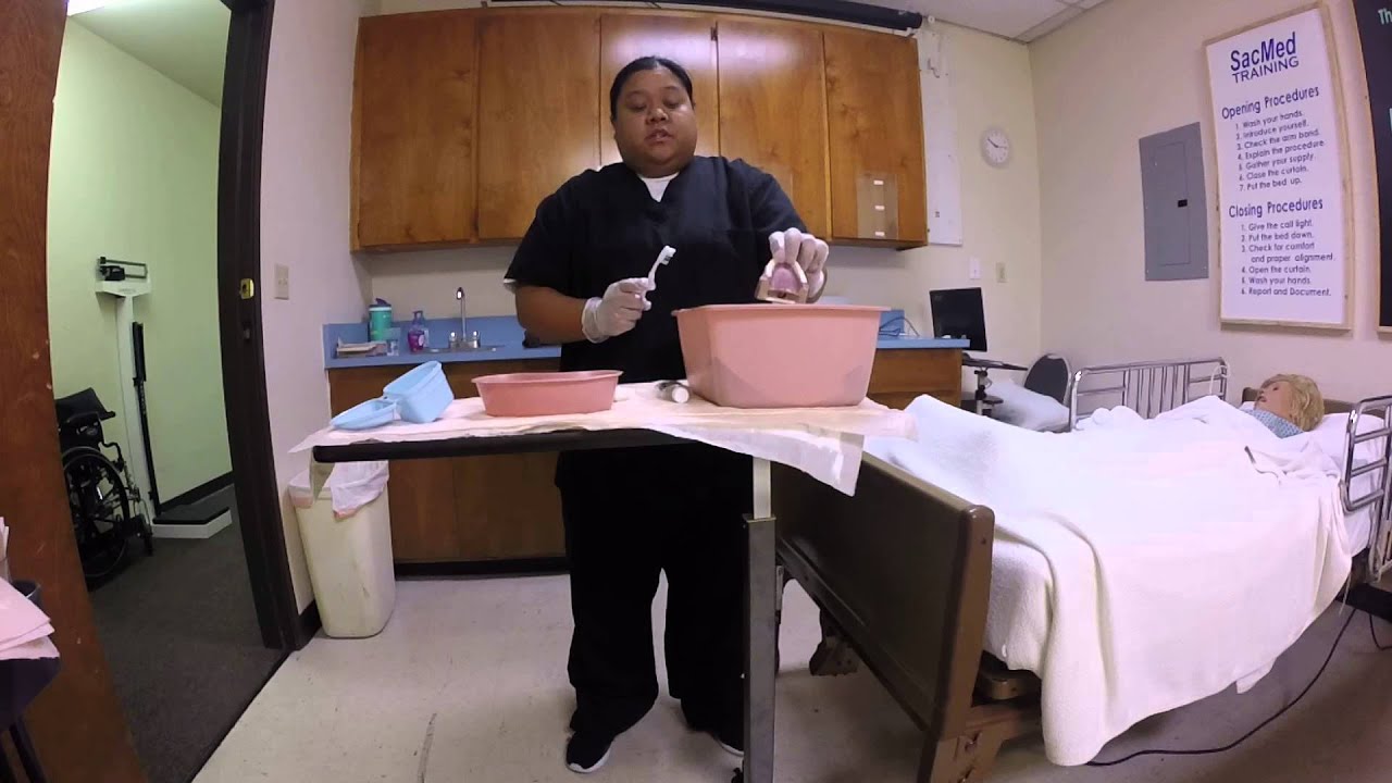 CNA Skill #7 Brush the Resident's Dentures - YouTube