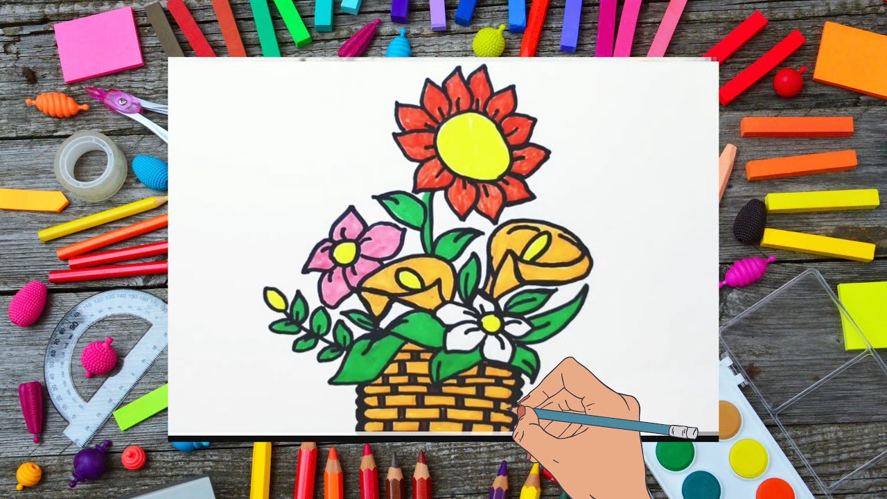 How to draw flower basket / Flower basket drawing - YouTube