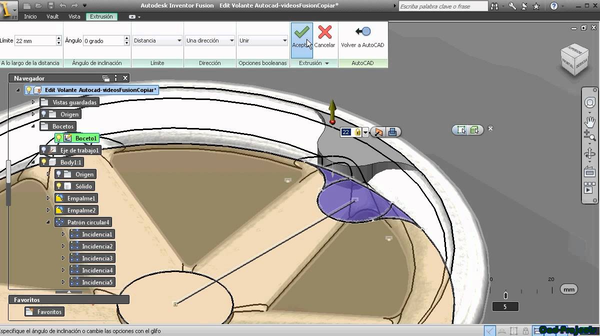 Volante 3D con boleanas y matrices en Inventor Fusion - YouTube