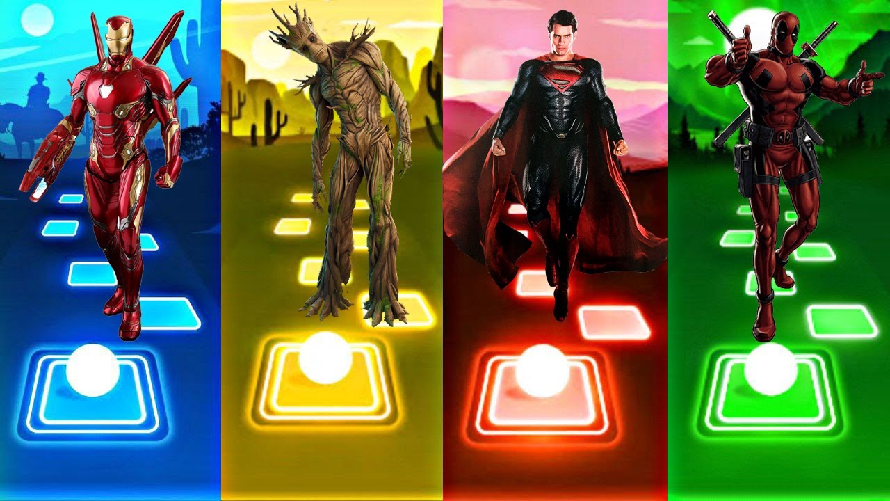 Tiles Hop EDM Rush - Ironman vs Groot vs Superman vs Deadpool - YouTube