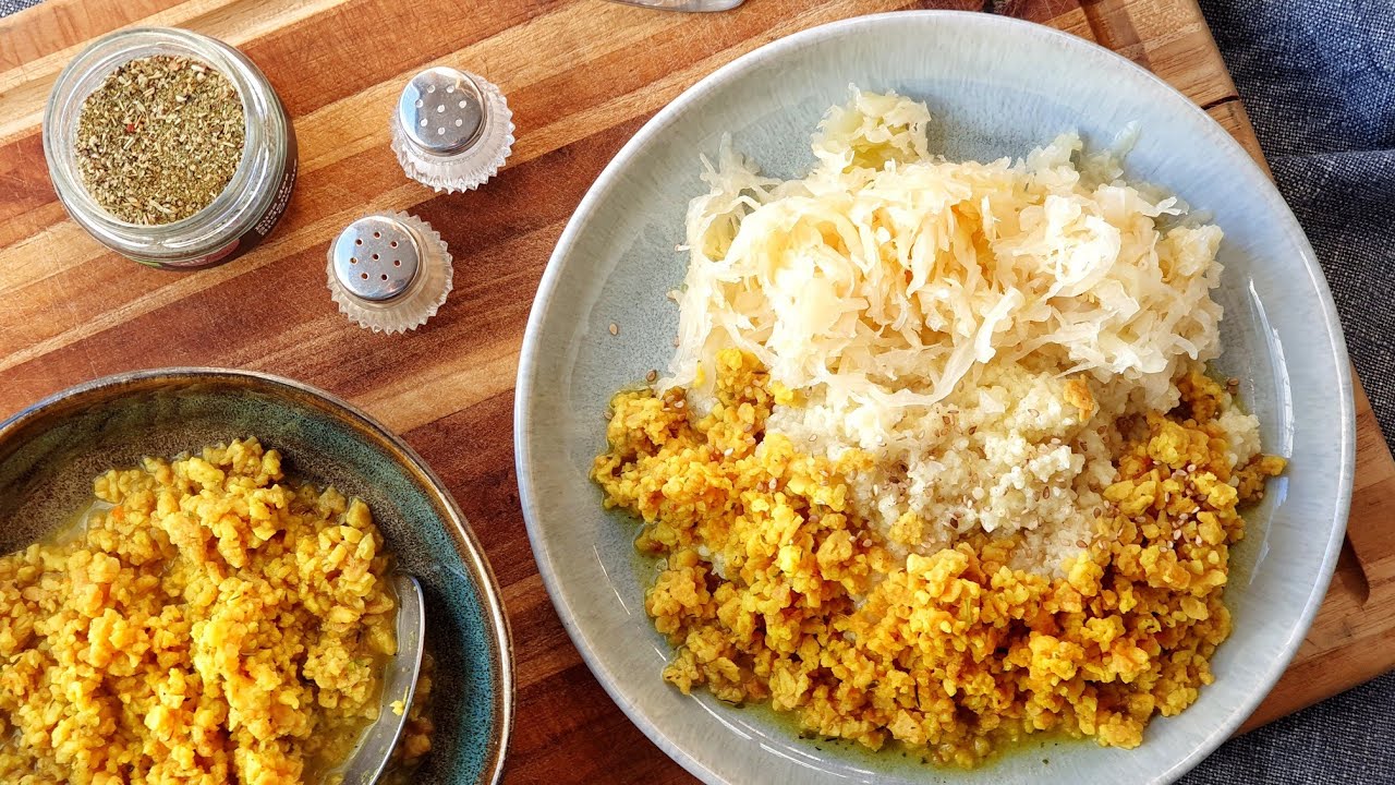 Veganes Hackfleisch! Soja-Schnetzel mit Kurkuma, Hirse und Sauerkraut # ...