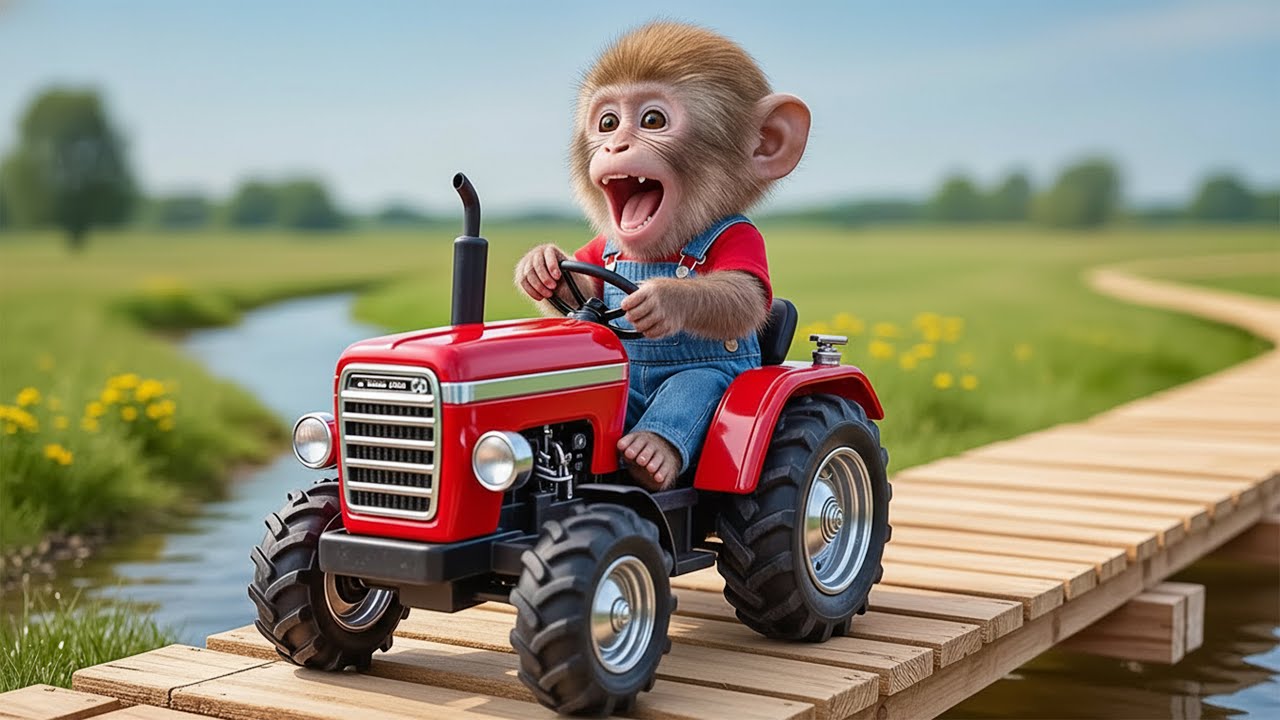 Baby Monkey Drives Tractor and Repairs Wooden Bridge Struck by ...