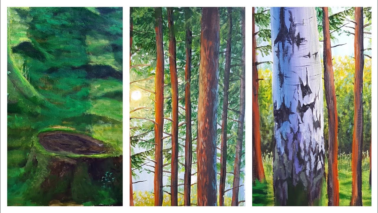 How to paint trees | birch & pine tree painting tutorial ~ Acrylic ...