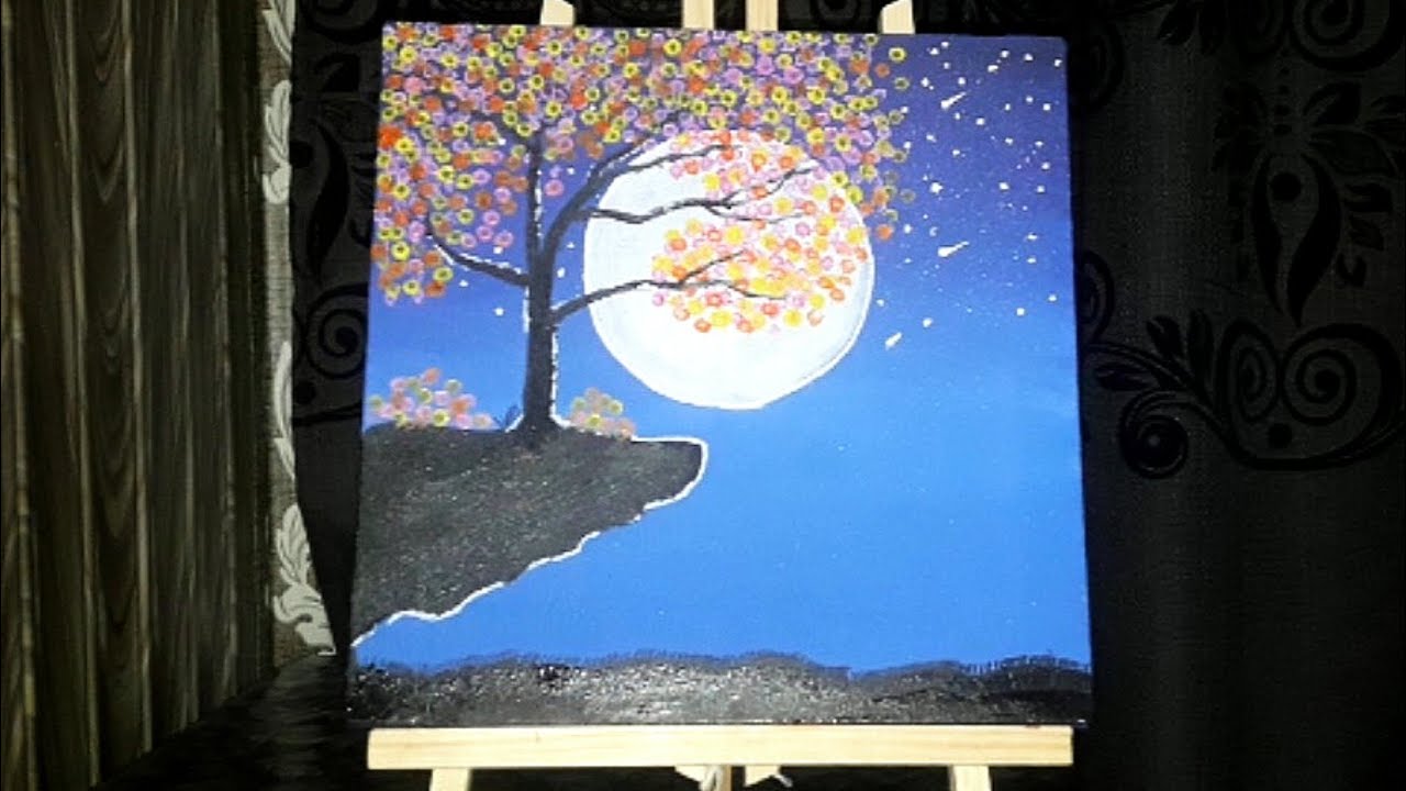 cliff , moon and tree with night sky painting with acryalic paint ...
