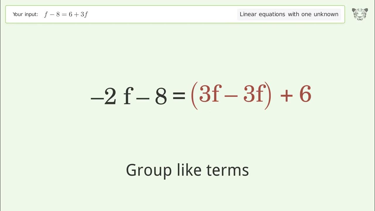 Linear equation with one unknown: Solve f-8=6+3f step-by-step solution ...