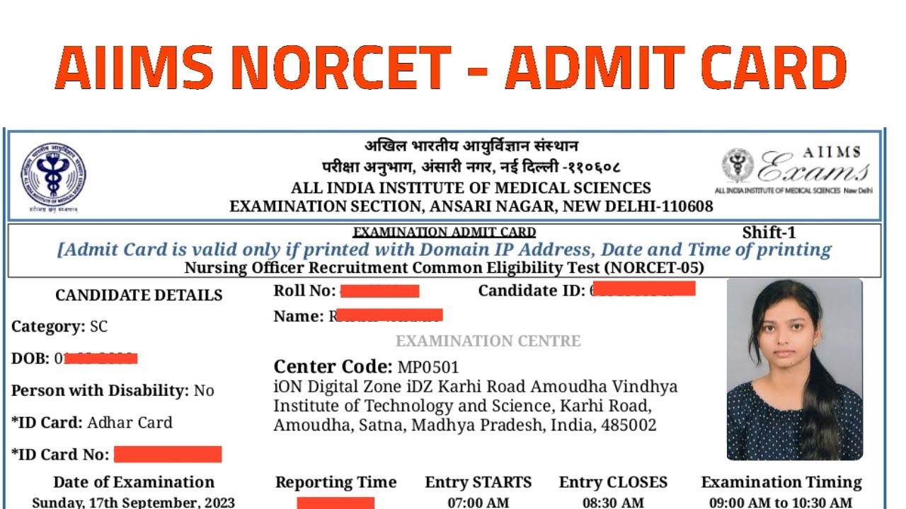 AIIMS NORCET 5 - ADMIT CARD जारी - DOWNLOAD NORCET ADMIT CARD - EXAM ...