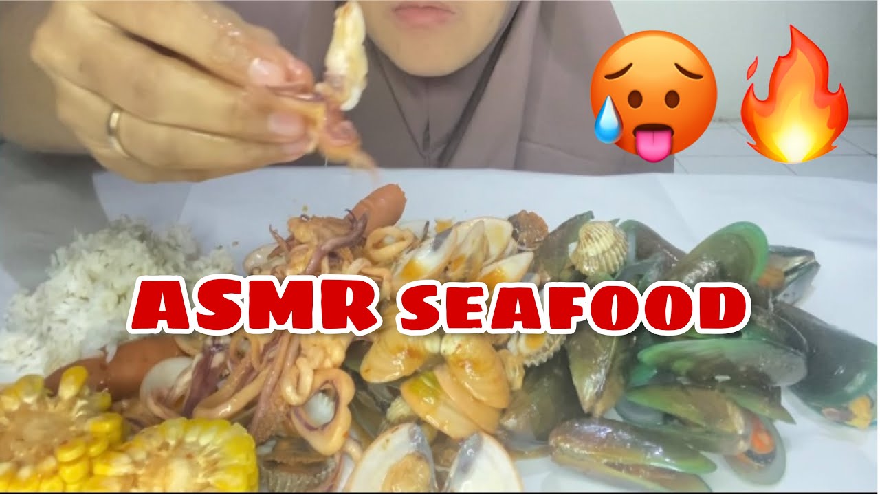 ASMR SEAFOOD 🥵🔥 *green scallop, tofu clams, oyster, squid, sausage ...