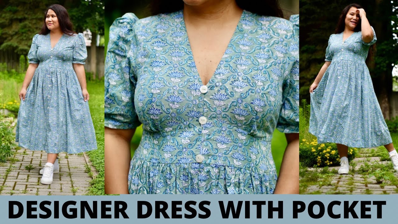 How To Make Designer Dress with Pocket/Puff sleeve|Summer Dress|V-neck ...