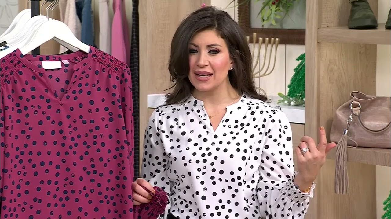 Belle by Kim Gravel Pearly Dot Split Neck Blouse on QVC - YouTube